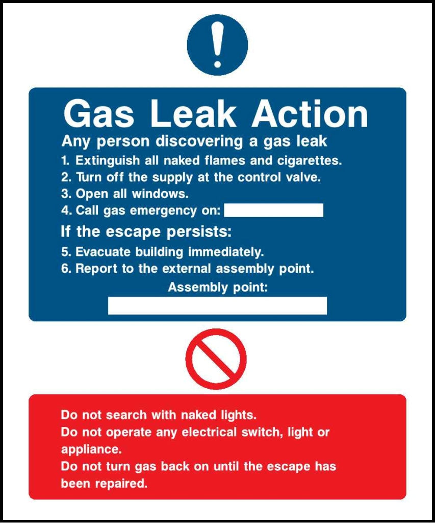 Gas Leak Action Any person discovering a gas leak | Fire Action, Size ...